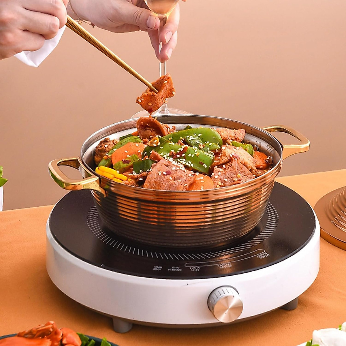 Generic moroccan tagine cooking pot,304 Stainless Steel Lid Anti-Scalding Handle High Temperature Resistance,for Cooking and Stew Casserole Slow Cooker,Gold,30cm