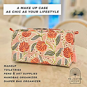 Block Print Designer Toiletry Bag & Makeup Case - Boho Floral Quilted Pouch for Cosmetics, Skincare - Waterproof Lined Organizer for Diaper Bag, Purse, Travel, Gift, Pencils (Pink Multi Floral)
