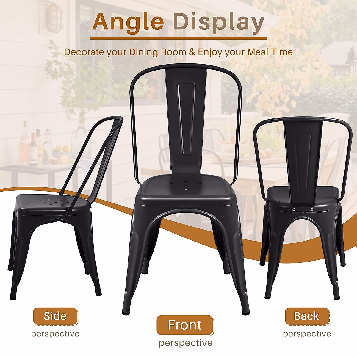 Furmax Metal Dining Chair Indoor-Outdoor Use Stackable Classic Trattoria Chair Chic Dining Bistro Cafe Side Metal Chairs Set of 4 (Black)