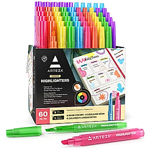 ARTEZA Highlighters Assorted Colors, Bulk Set of 60, Neon, Wide and Narrow Chisel Tip Markers, Office and School Supplies for Teachers, Students