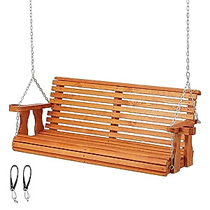 Porch Swing Outdoor, 5.5FT Heavy Duty 800lbs Wooden Hanging Swing Bench with Cupholders and Hanging Chains for Front Porch Garden Deck Patio Backyard Balcony