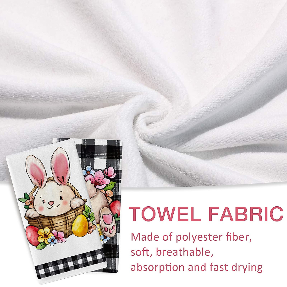 Seliem Easter Bunny Rabbit Kitchen Dish Towel Set of 2, Cute Eggs Flowers Hand Towel Black White Buffalo Plaid Check Drying Baking Cooking Cloth, Funny Spring Holiday Kitchen Decor 18x26 Inches