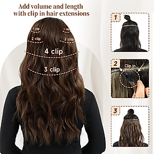 Clip in Hair Extensions, 6 PCS Light Brown Extensions, Wavy Hair Extensions, Natural & Soft Hair & Blends Well Hair Extensions, Chocolate Brown Long Wavy Hairpieces(20inch, 6pcs, Chocolate Brown)