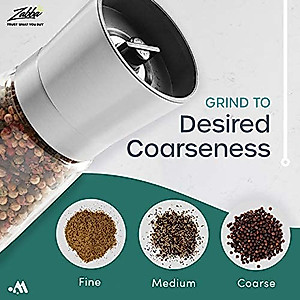 Modetro Salt and Pepper Shakers Set 6 oz Each Adjustable Coarseness Pepper Grinder Mill for Sea Salt Spice Stainless Steel Glass 2 Pack