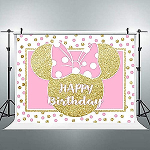 Riyidecor 7x5ft Happy Birthday Backdrop Mouse Pink Gold Polka Dots Princess Girl Photography Background Newborn Baby Shower Party Decoration Celebration Banner Props Photo Shoot Studio Fabric Cloth