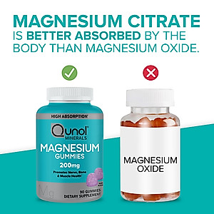 Qunol Magnesium Gummies for Adults, 200mg Magnesium Citrate High Absorption Supplement, Supports Nerve/Bone Health, Muscle Health, Vegetarian, 90 Count (pack of 1)