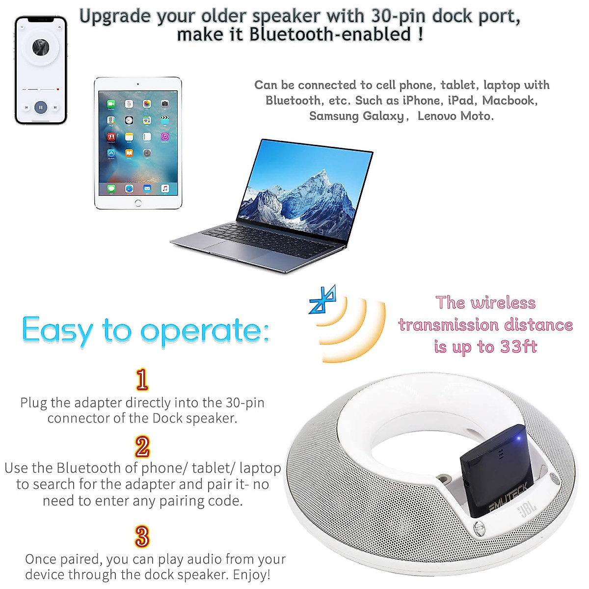 EMUTECK 30 Pin Bluetooth 5.0 Receiver Stereo Adapter for Bose SoundDock 2 and Other 30-pin Dock Speakers, with 3.5mm Aux Cable, for iPhone iPod Music Docking Stations (Not for Cars)