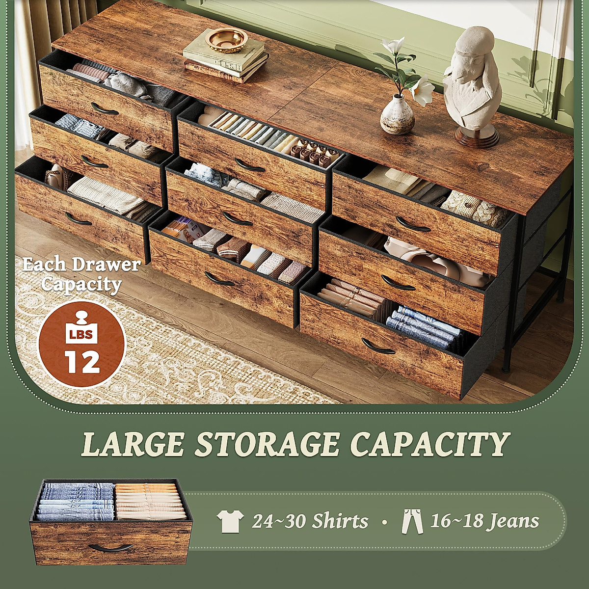 Huuger 9 Drawer Dresser, 63 Inch Dresser TV Stand for 55, 65, 70 Inch TV, Entertainment Center with Drawers, Large Long Fabric Dresser for Bedroom, Closet, Rustic Brown