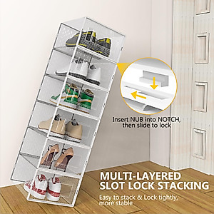 GTMOON Large Shoe Storage Boxes, 12 Pack Shoe Boxes Clear Plastic Stackable, Shoe Organizer Box for Closet, Stackable Sneaker Containers Case Bins with Lids, Great Alternative to Shoe Racks, White