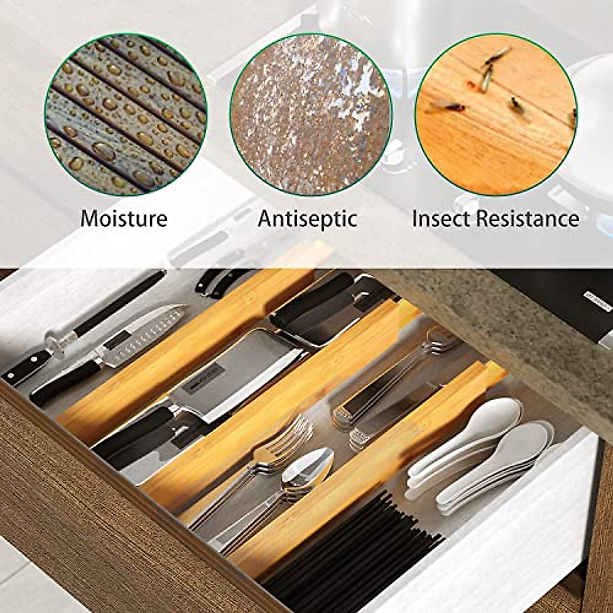 Pipishell 4-Pack Bamboo Drawer Dividers, 17.5-20.8" Adjustable Separators Expandable Drawer Divider Organizers Kitchen Utensils Organization Extra Long for Dresser Bedroom Bathroom Office 2.5" High
