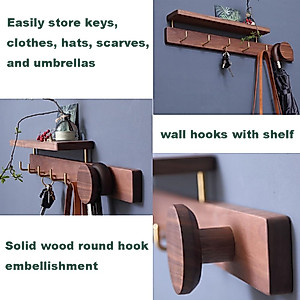 BBAUER Coat Hooks with Shelf, Walnut Wood, Wooden Creative Entryway Wardrobe Bedroom Wall Hooks, Wall-Mounted Coat Rack (19.7″/50cm, 27.6″/70cm) (Color : 50 * 11 * 11cm/19.7 * 4.3 * 4.3in)