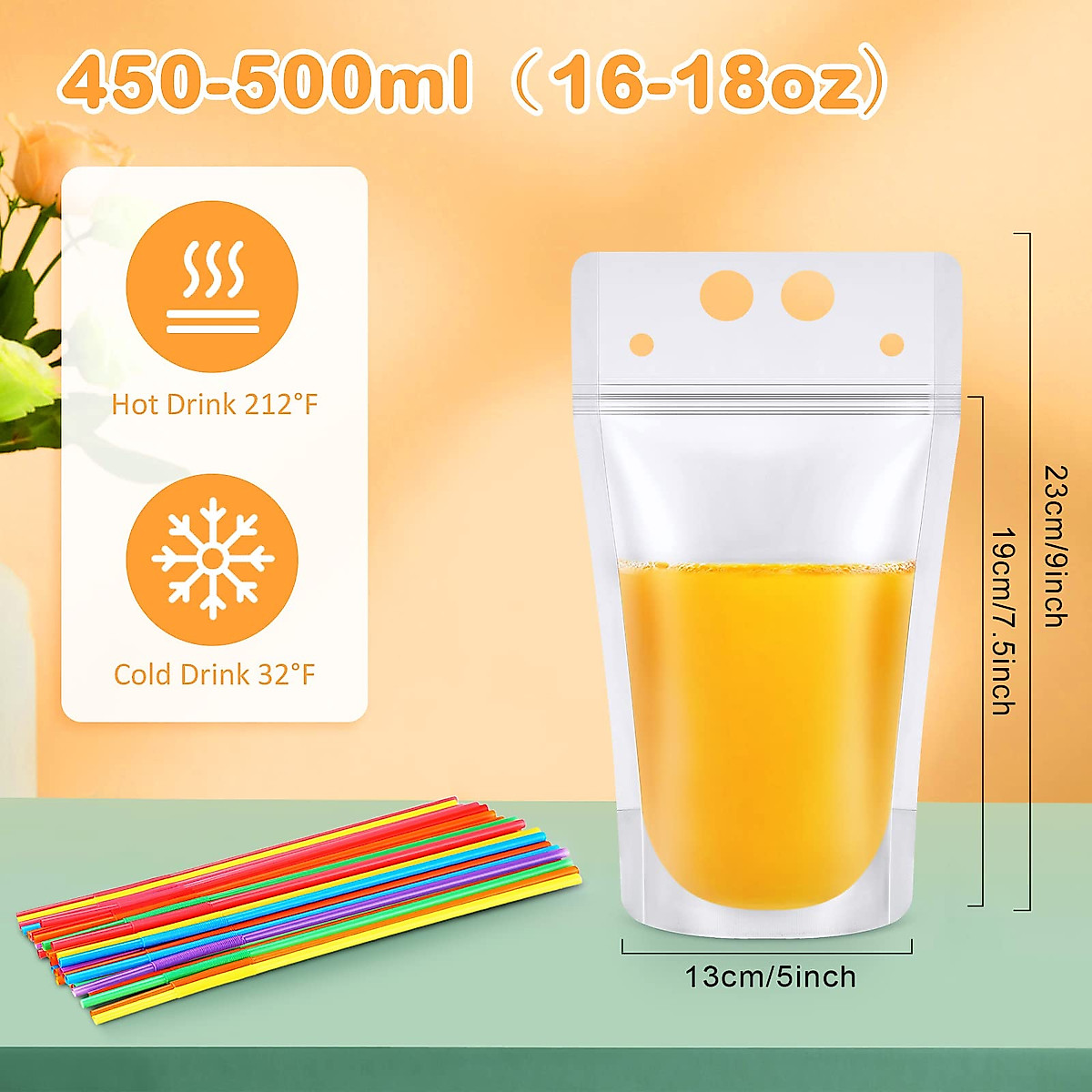 Nuenen 600 Pack Drink Pouches with Straws Plastic Juice Pouches for Adults and Kids Disposable Drink Bags Stand up Zipper Drinking Pouches for Smoothie Juice Coffee Tea Birthday Party (Classic)
