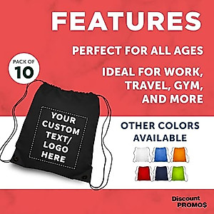 DISCOUNT PROMOS Custom Classic Polyester Drawstring Bags Set of 10, Personalized Bulk Pack - Bring Everywhere You Go, Great for Travelling, Gym and for Everyday Use - Black