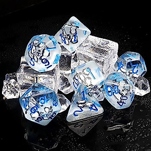 Haxtec Penguin DND Dice Set 7PCS Filled Resin Blue and White Polyhedral D&D Dice with Animal Inclusions Role Playing Dice Dungeons and Dragons Gift