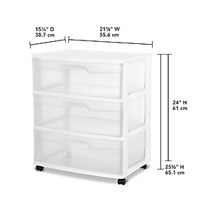 Sterilite 29308001 Wide 3 Drawer Cart, White Frame with Clear Drawers and Black Casters, 1-Pack