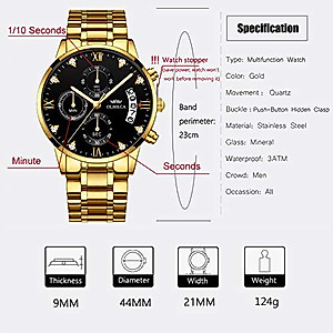 DREAMING Q&P Gold Stainless Steel Men's Wrist Watches Analog Quartz Black Military Chronograph Mutifunctional Crystal Wristwatch for Man with Date Calendar
