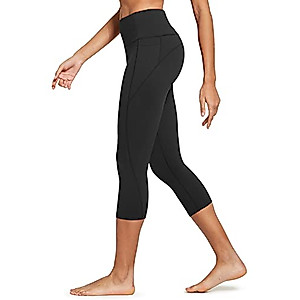 BALEAF Women's Capri Leggings Workout Yoga Running Capris High Waisted Pull On Cropped Leggings with Pockets Black M