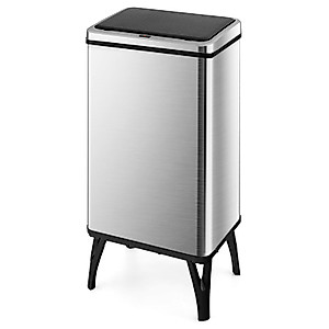 Goplus Stainless Steel Trash Can 13 Gallon, Automatic Motion Sensor Garbage Can with Stay-on Lid and Soft Closure, Elevated Tall Waste Bin with Detachable Legs for Kitchen, Office, Silver