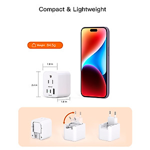 [2-Pack] European Travel Plug Adapter, Foldable International Plug Adapter with 2 AC Outlets 3 USB Ports(2 USB C), Type C Travel Essentials to Most Europe EU Spain Italy France Germany