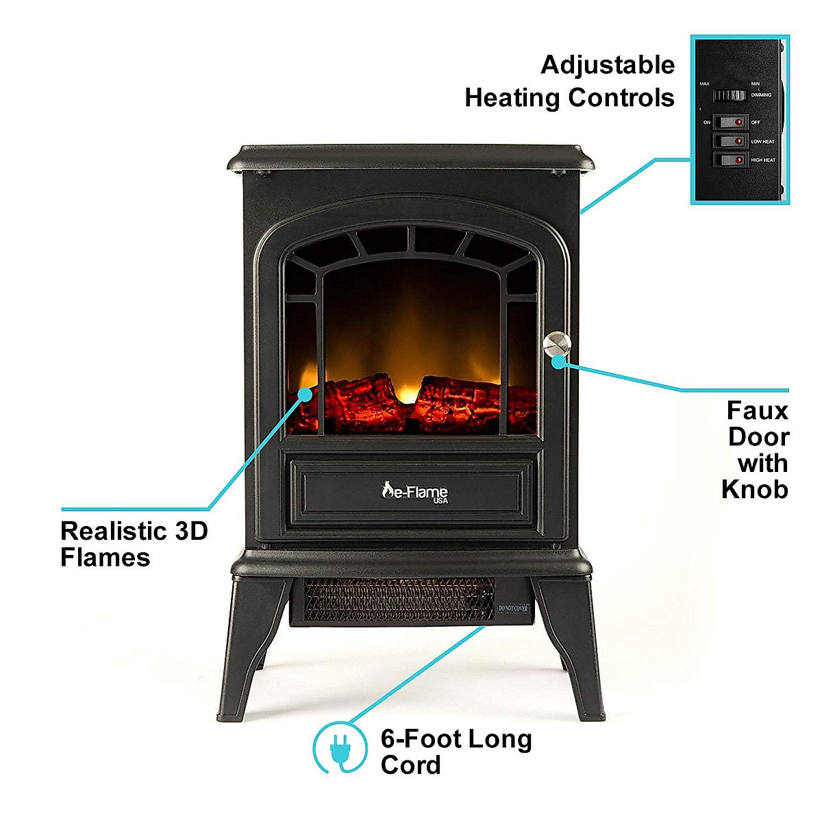 e-Flame USA Aspen Freestanding Electric Fireplace Stove - 3-D Log and Fire Effect (Black)