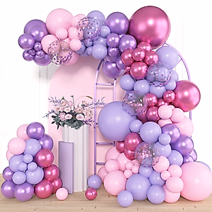 Amandir 153pcs Pink Purple Balloon Garland Arch Kit, Different Sizes 18 12 10 5 inch Pink Purple Red Latex Metallic Confetti Purple Balloons for Girl Women Birthday Bridal Baby Shower Party Decoration