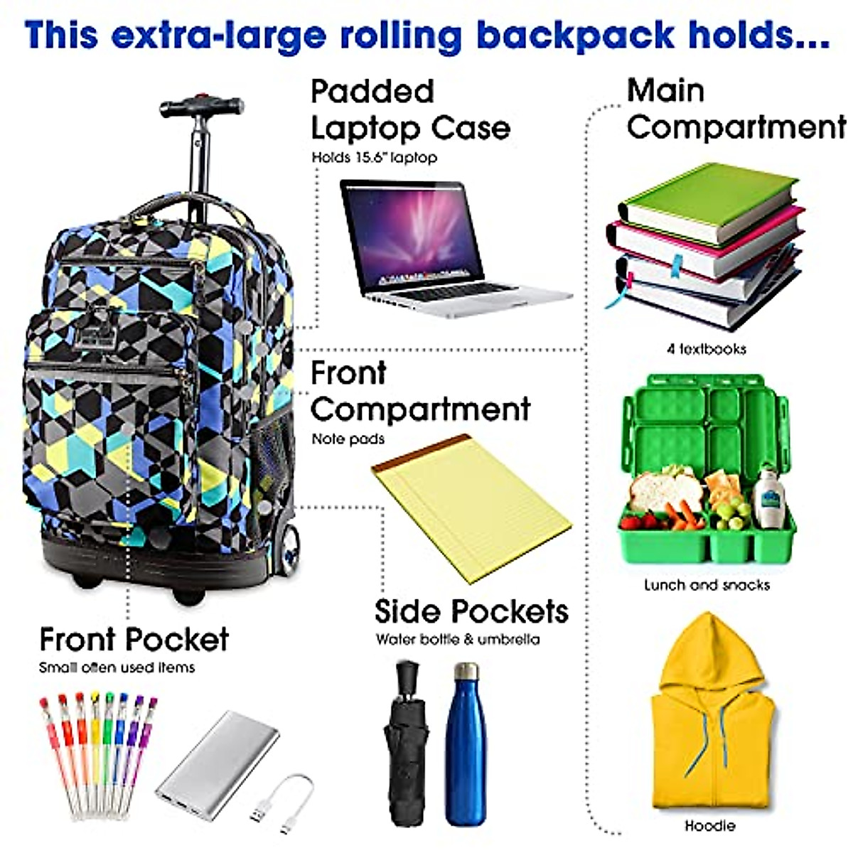 J World New York Sundance Rolling Backpack Girl Boy Roller Bookbag, Cubes, 20 Inch