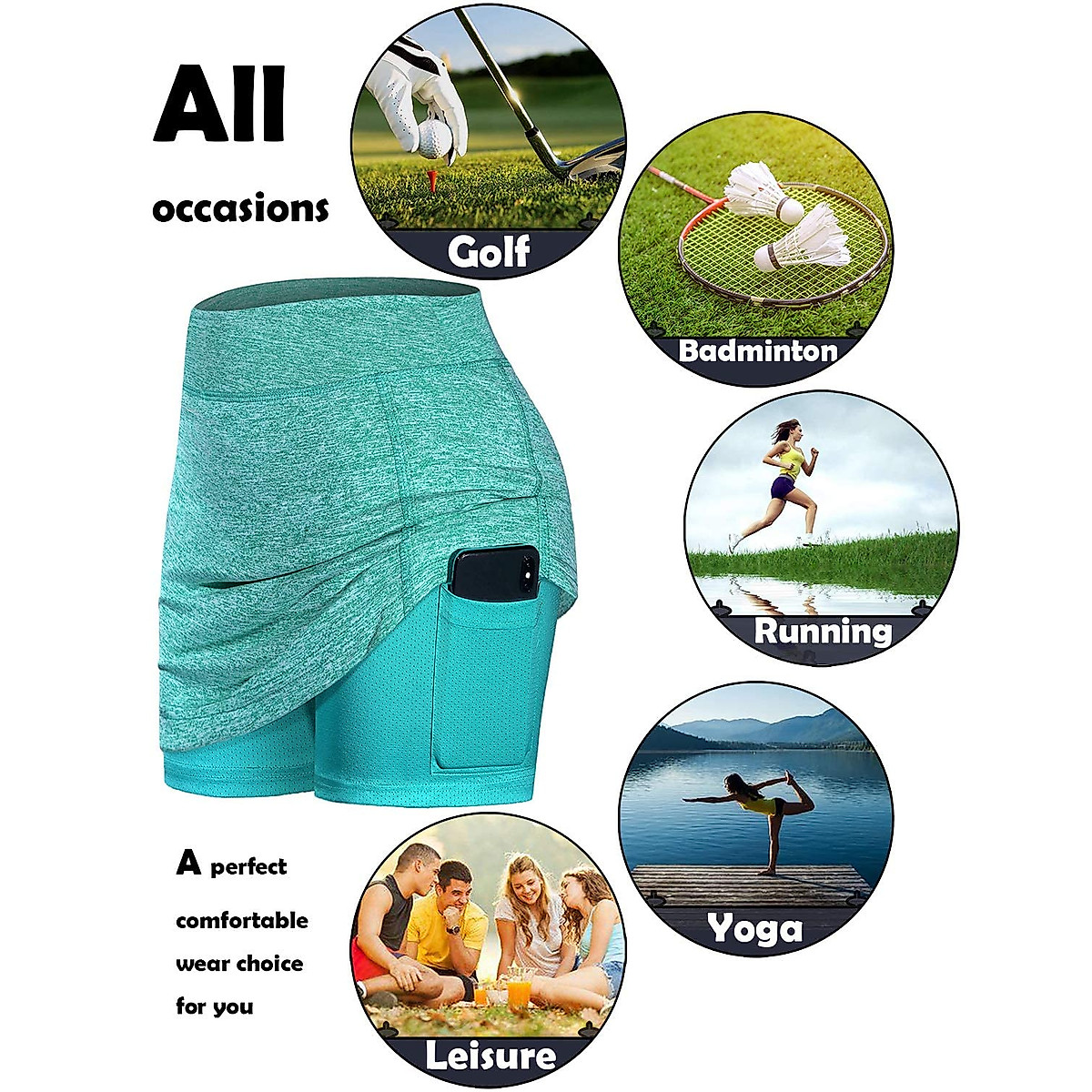 BLEVONH Womens Summer Tennis Skirts with Shorts Underneath, Pickleball, Athletic, Workout and Golf Skorts with Pockets Turquoise XX-Large