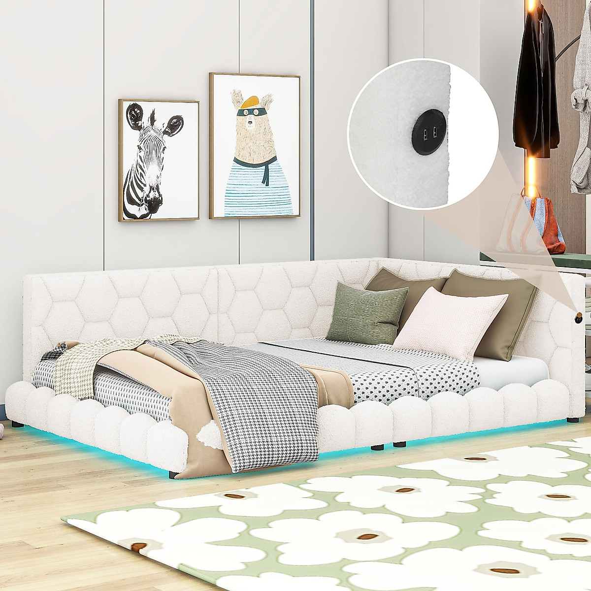 KLMM Stylish Full Size Upholstered Platform Bed Daybed with USB Ports and LED Belt,for Small Spaces Bedroom Living Room Use (White@LED, Full)