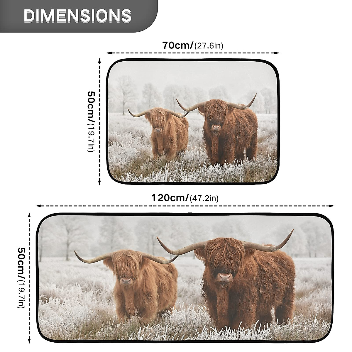 JUNZAN Scottish Highland Cow Kitchen Rugs and Mats Set of 2 Non Slip Anti Fatigue Runner Rug for Farmhouse Laundryroom Bathroom Home Western Decor Floor Mat