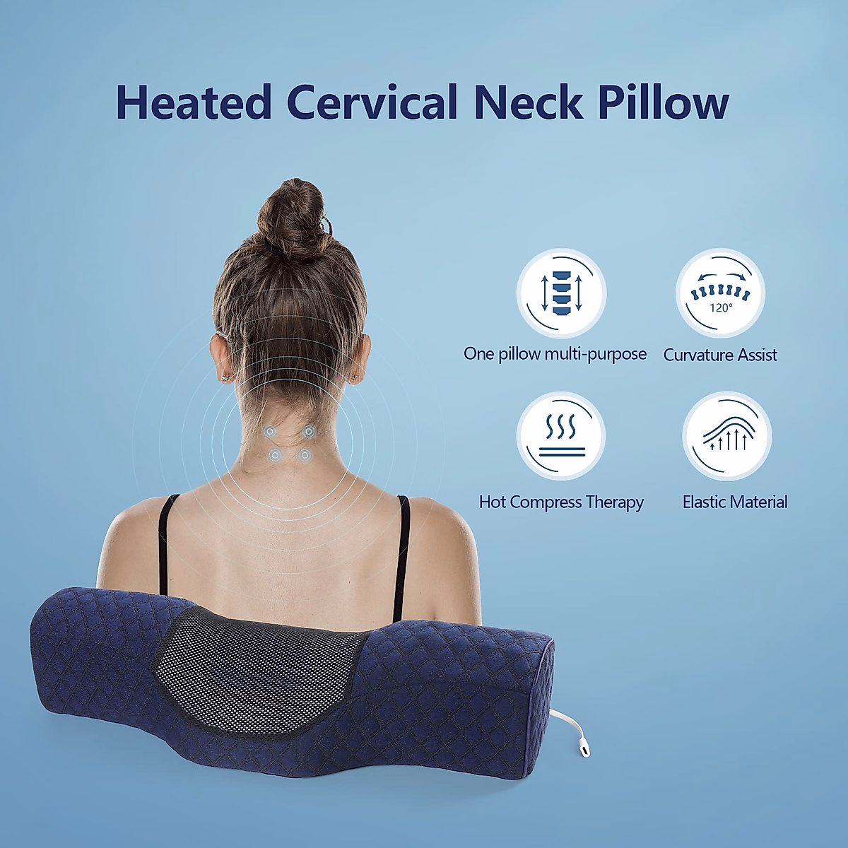 Neck Roll Pillows for Pain Relief Sleeping, Heated Memory Foam Cervical Neck Support Pillow for Bed with USB Graphene Heating for Stiff Neck Pain Relief (Dark Blue)