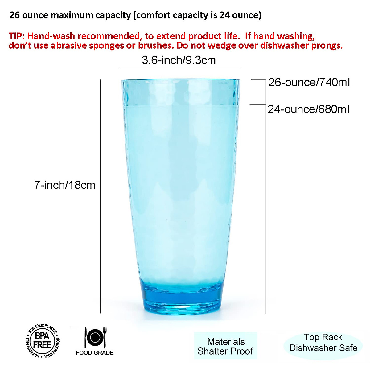 KOXIN-KARLU Hammered 26-ounce Plastic Tumbler Acrylic Glasses, set of 6 Multicolor