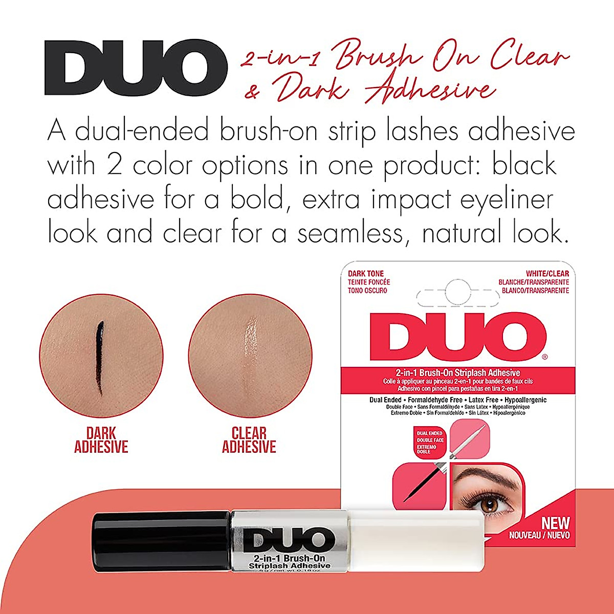 DUO Adhesives 2-in-1 Brush On Clear & Dark Adhesive, Dual-Ended Two Color Choice False Eyelash Adhesive Solution for Strip Lashes, 0.18 oz 1-Pack