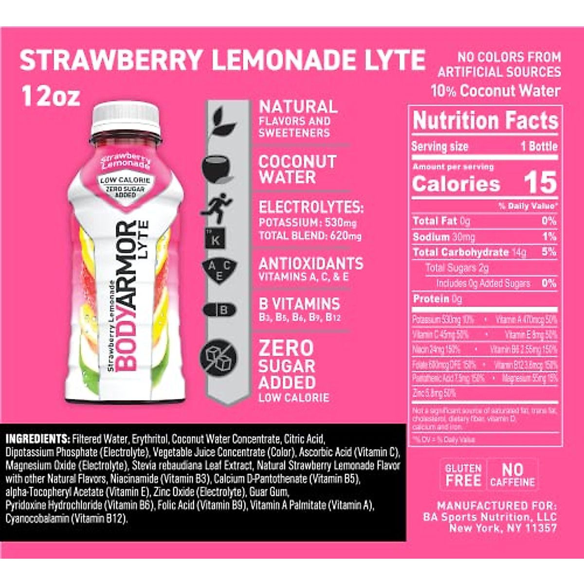 BODYARMOR LYTE Sports Drink Low-Calorie Sports Beverage, Strawberry Lemonade, Natural Flavors With Vitamins, Potassium-Packed Electrolytes, No Preservatives, Perfect For Athletes, 12 Fl Oz (Pack of 8)