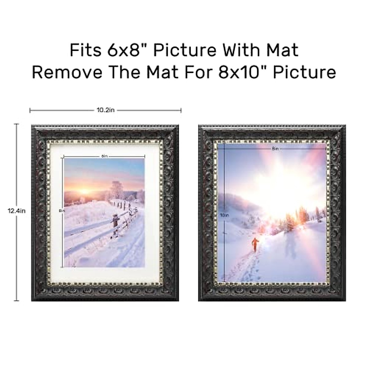 MEIGIX Home 8x10 Frame with High Definition Glass Surface, Anti-Wood Matt Frame, Display Picture 6x8 with Pad or 8x10 without Pad, for Wall or Desktop Display (Barocco Black)