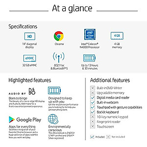 HP Chromebook 14-inch HD Laptop, Intel Celeron N4000, 4 GB RAM, 32 GB eMMC, Chrome (14a-na0010nr, Mineral Silver) (Renewed)