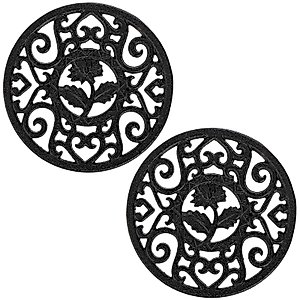 Coloch 2 Pack Cast Iron Trivet with Pegs, 4.6 Inch Round Metal Trivet with Vintage Patterns Rustproof Hot Pot Holder Pads for Serving Hot Dishes, Pans, Pots, Tea Pots, for Kitchen Counter Top, Black