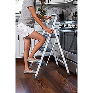 Rubbermaid 3-Step Steel Ladder, Folding Step Stool with Hand Grip and Non-Slip Feet, White, Tested to ANSI US Safety Standards, No Assembly Required (Amazon Exclusive)