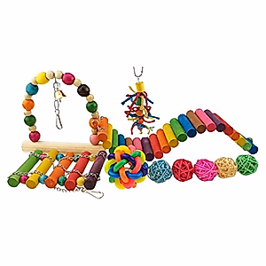 Set of 10 Colorful Pet Toy Wooded Swing Handmade Rattan Chewing Toy Chasing Toy with Bell Rainbow Plank Road for Polly Parrot Bird Hamster Squirrel Toy