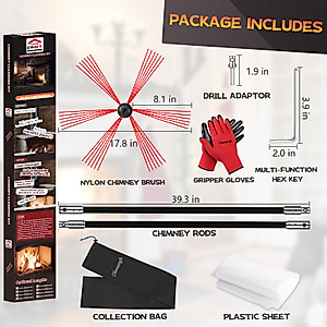 Cleancraft 39 Feet Chimney Sweep Kit, Chimney Cleaning Kit with 12 Flexible Black Chimney Rods, Chimney Brush, Rotary Chimney Cleaning System Driven by Drill