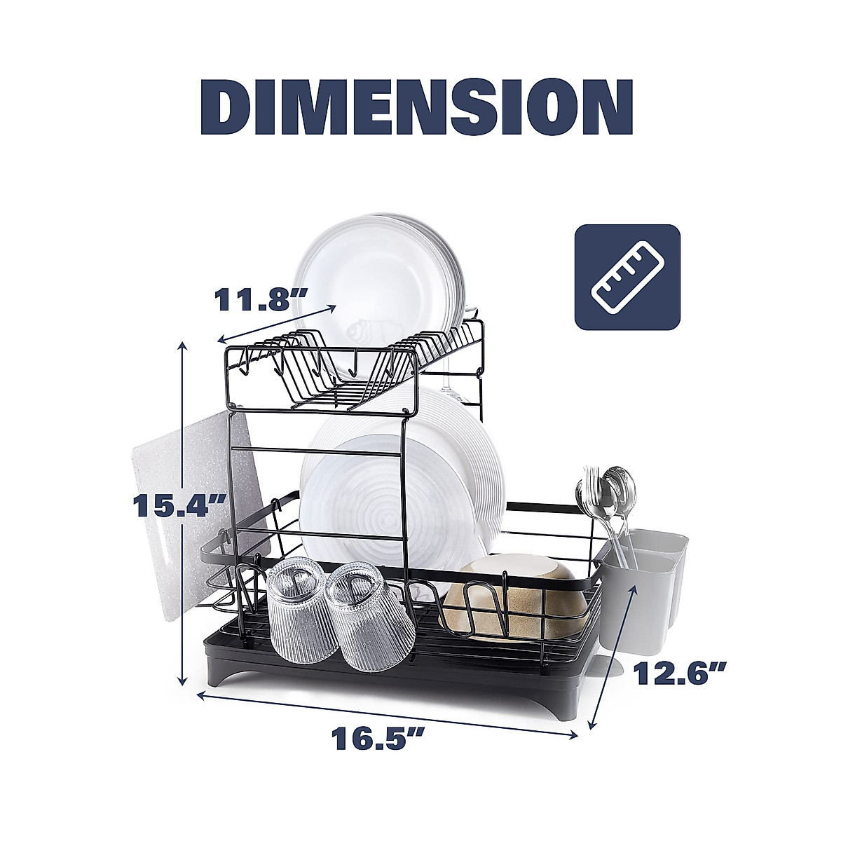 BRONYPRO Dish Drying Rack, 2 Tier Dish Drying Rack for Kitchen Counter, Extra Large Dish Strainer with Drainboard, Dish Organizer with Drying Board, Utensil Holder, Cup Rack, Black