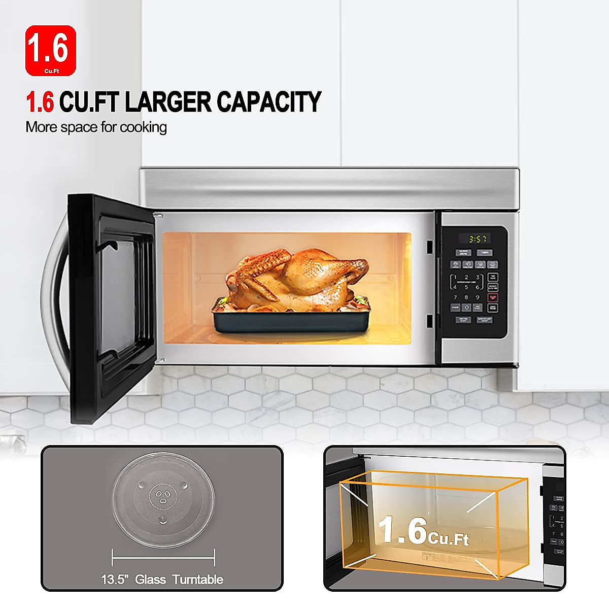 30 Inch Over-the-Range Microwave Oven, GASLAND Chef OTR1603S Over The Stove Microwave Oven with 1.6 Cu. Ft. Capacity, 1000 Watts, 300 CFM in Stainless Steel, 13" Glass Turntable, 120V, Easy Clean