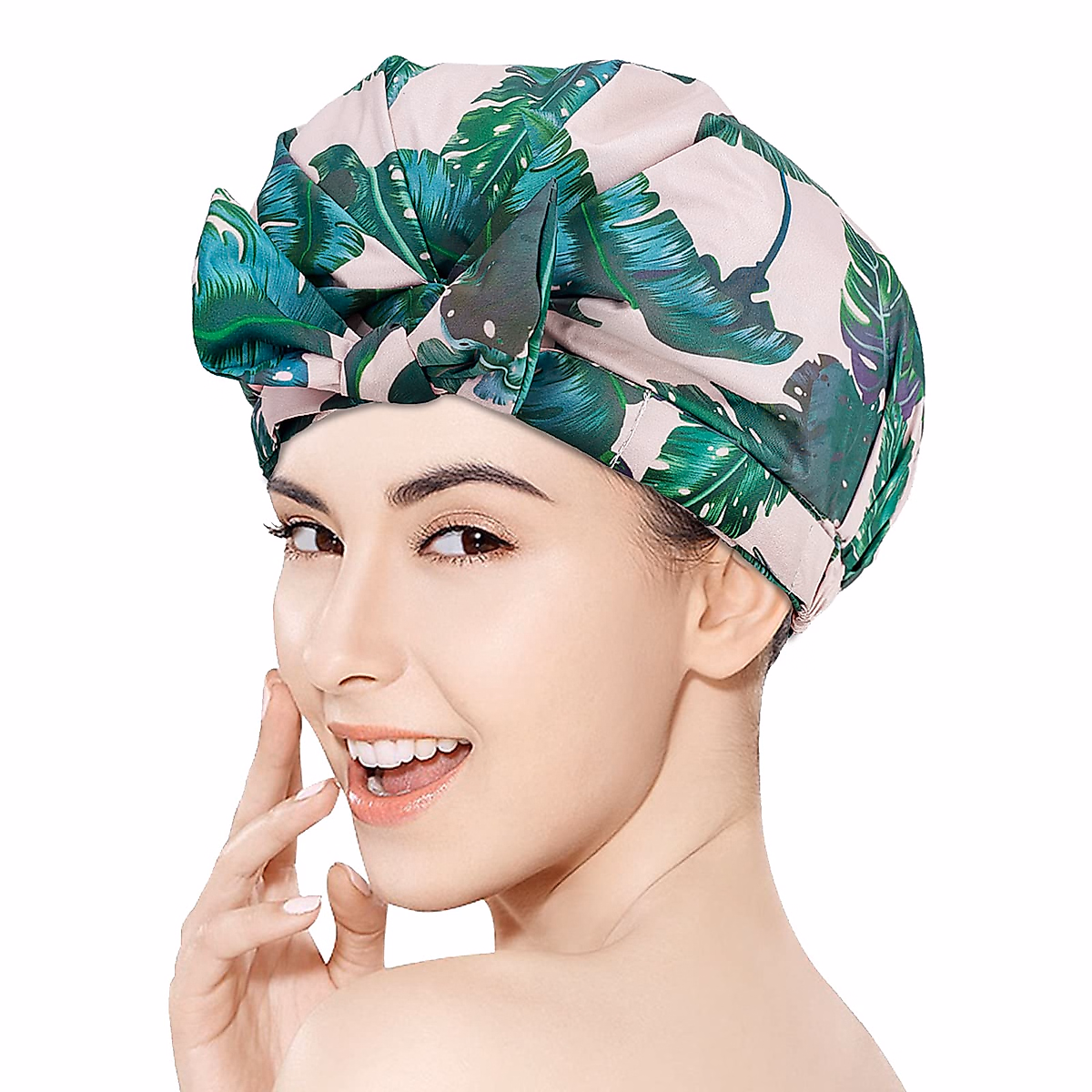 Auban Shower Cap Reusable,Ribbon Bow Bath Cap Oversized Large Design With Waterproof Exterior for All Hair Lengths,Great for Girls Spa Home Use,Hotel and Hair Salon (Green)