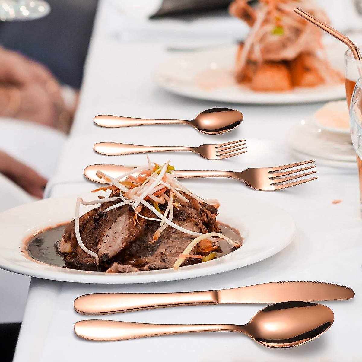 AARainbow 9 Pieces Stainless Steel Flatware Set Portable Reusable Cutlery Set Travel Utensils Set Including Chopsticks Knife Fork Spoon Straws Cleaning Brush Dishwasher Safe (9 Rose Gold)