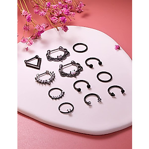 Ylqjksk Surgical Steel septum jewelry 16G helix piercing jewelry daith piercing jewelry smiley piercing jewelry rook piercing jewelry tragus piercing jewelry For Women Men Retainer，Black Tone