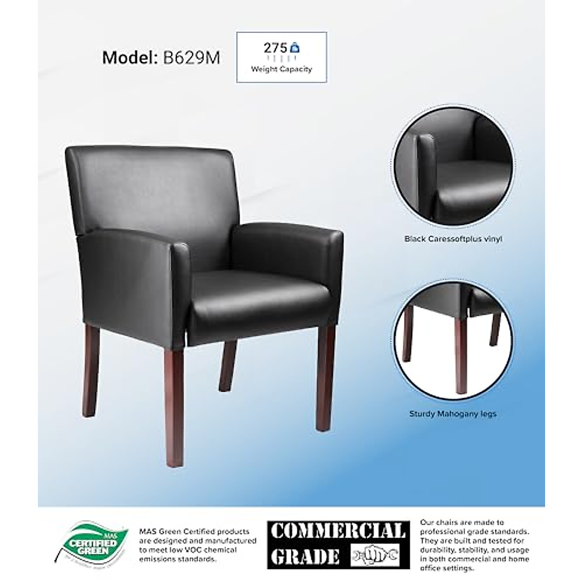 Boss Office Products Reception Box Arm Chair with Mahogany Finish in Black, 25"D x 24.5"W x 35"H