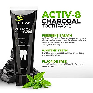 Activ-8 Activated Charcoal Toothpaste (100g) and Bamboo Toothbrush, Removes smoke and coffee stains, Vegan, Fluoride Free, Mint Flavour