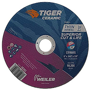 Weiler 58302 6 x .045 Tiger Ceramic Type 1 Cut Off Wheel CER60S 7/8 A.H (Pack of 25)