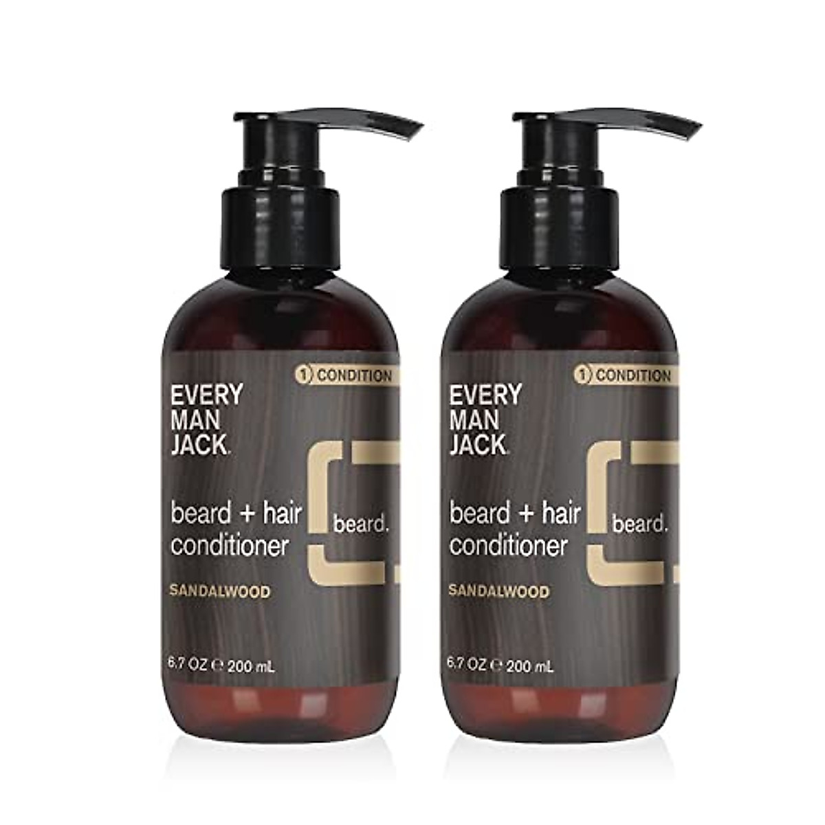 Every Man Jack Beard + Hair Conditioner - Subtle Sandalwood Fragrance - Conditions, Softens, and Strengthens Your Beard - Naturally Derived with Shea Butter and Cocoa Butter - 6.7-ounce Twin Pack
