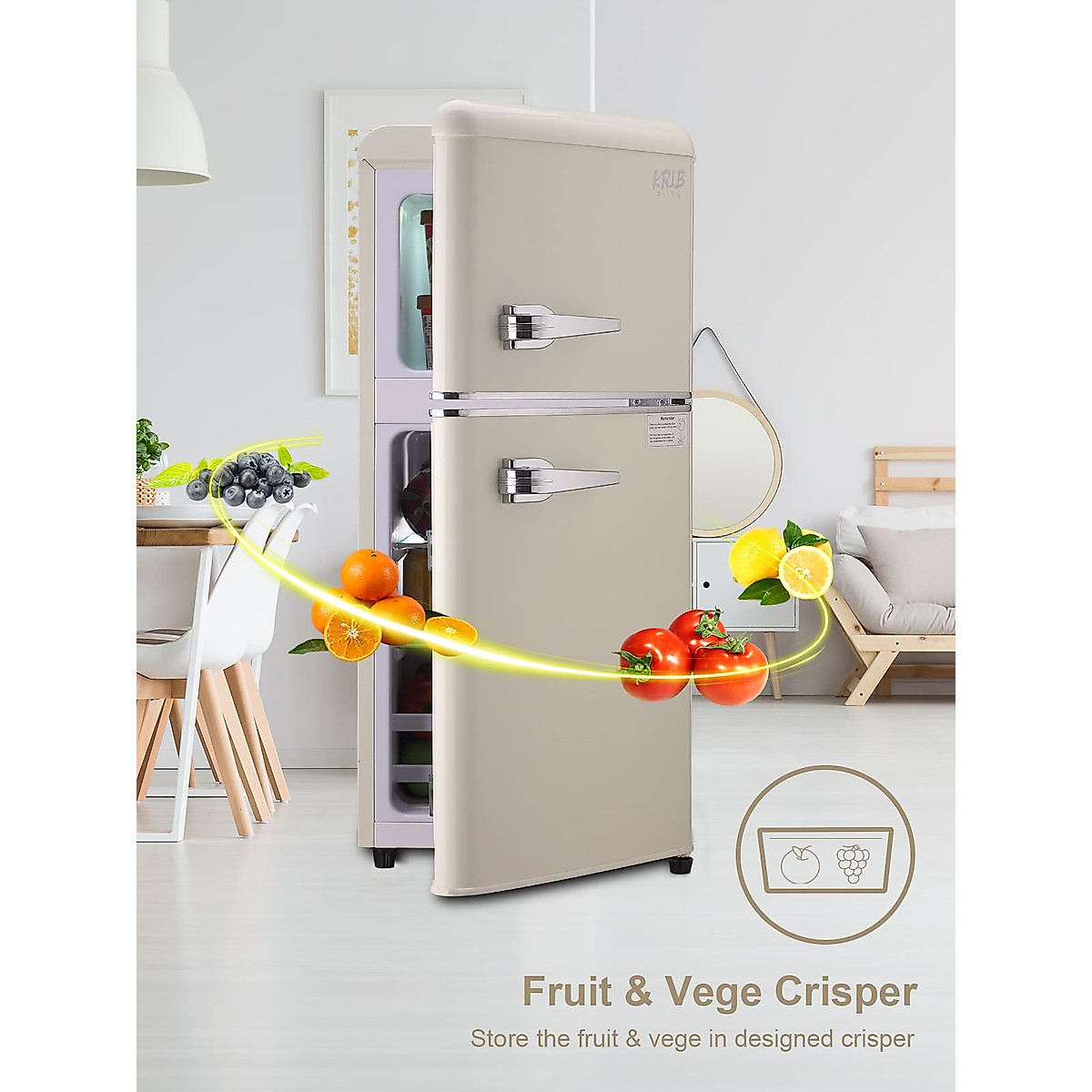 KRIB BLING 3.5 Cu.Ft Retro Refrigerator with Freezer 2 Door Energy Saving Top-Freezer Compact Refrigerator with 7 Level Adjustable Thermostat Control Cream