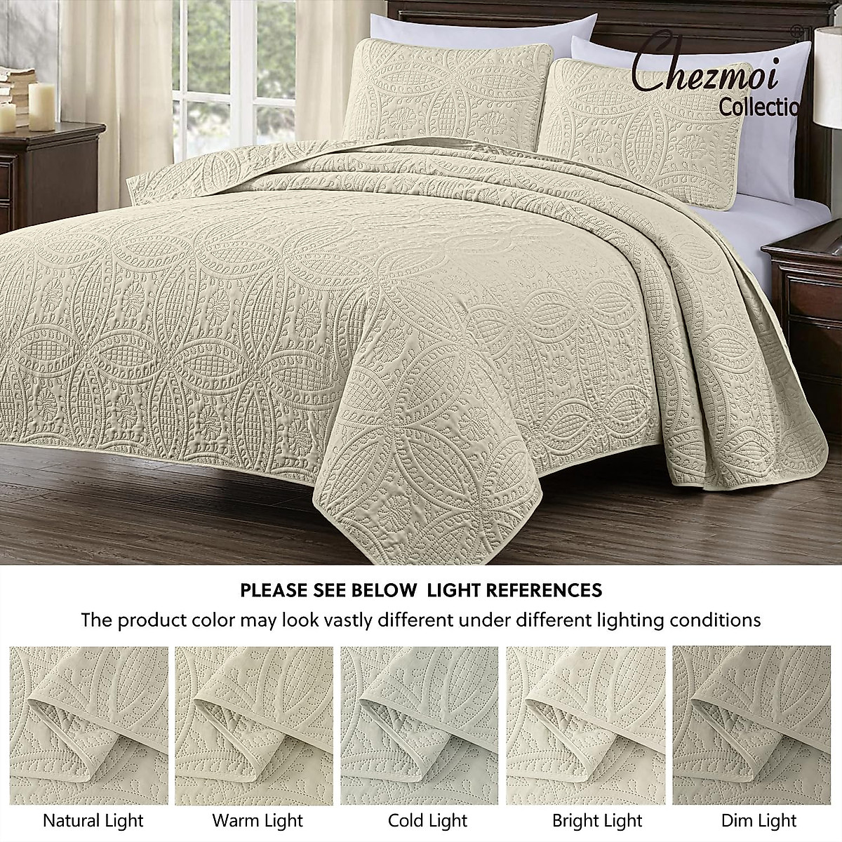 Chezmoi Collection Austin 3-piece Oversized Bedspread Coverlet Set (King, Ivory)